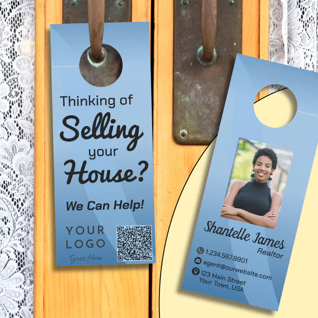 Professional Blue Photo QR Code Modern Real Estate Door Hanger | Zazzle