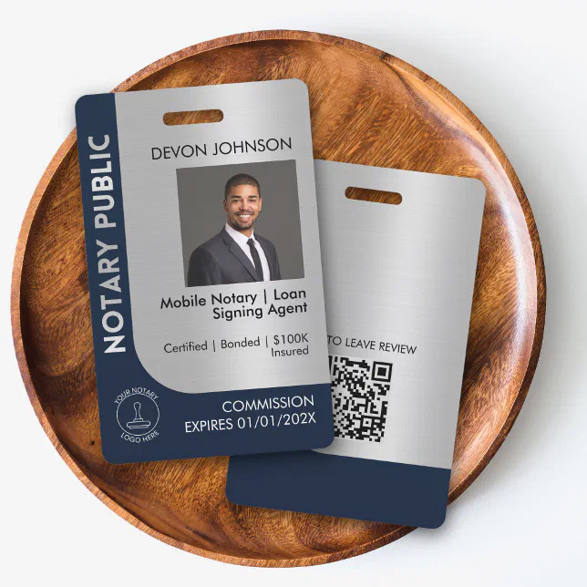 Professional Blue Silver Notary Logo Photo QR Code Badge | Zazzle