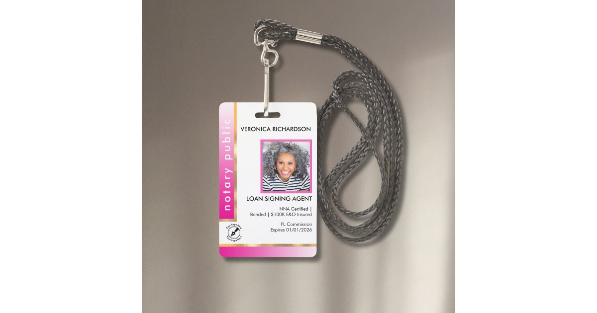 Professional Bright Pink Notary Photo Badge | Zazzle