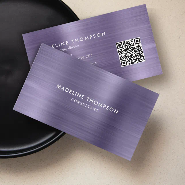 Professional Brushed Metal Midnight Purple QR Code Business Card | Zazzle