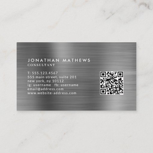 Professional Brushed Metal Silver Gray QR Code Business Card | Zazzle