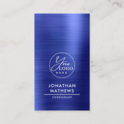 Professional Brushed Metallic Blue Logo QR Code Business Card | Zazzle