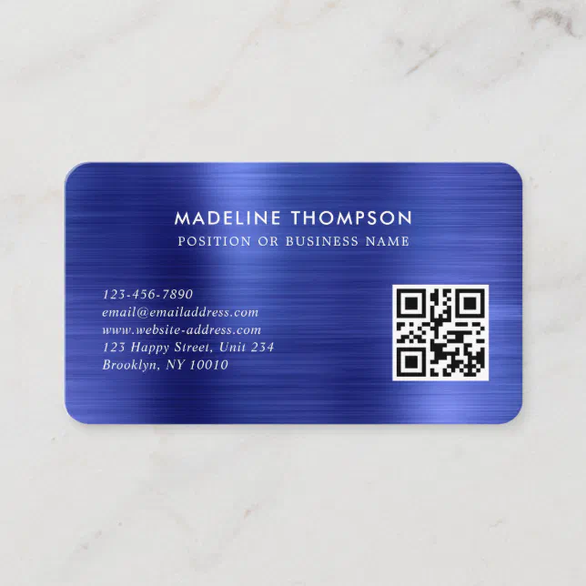 Professional Brushed Metallic Blue Logo QR Code Business Card | Zazzle