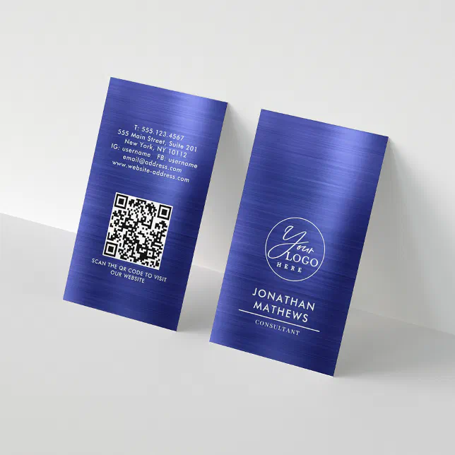 Professional Brushed Metallic Blue Logo QR Code Business Card | Zazzle