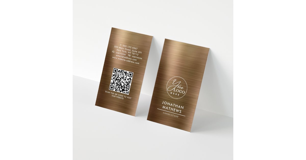 Professional Brushed Metallic Gold Logo QR Code Business Card | Zazzle