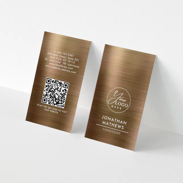 Professional Brushed Metallic Gold Logo QR Code Business Card | Zazzle