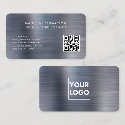Professional Brushed Metallic Gray Logo QR Code Business Card | Zazzle