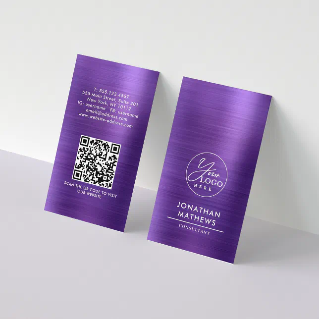 Professional Brushed Metallic Purple Logo QR Code Business Card | Zazzle
