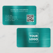 Professional Brushed Metallic Teal Logo QR Code Business Card | Zazzle