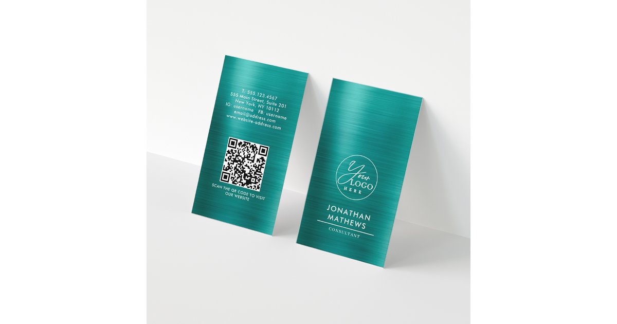 Professional Brushed Metallic Teal Logo QR Code Business Card | Zazzle