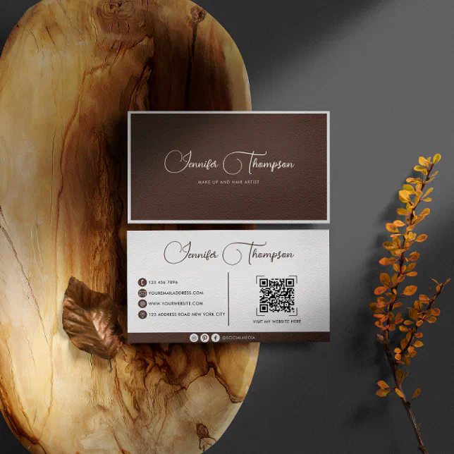 Professional Chocolate Brown Script QR Code Business Card | Zazzle