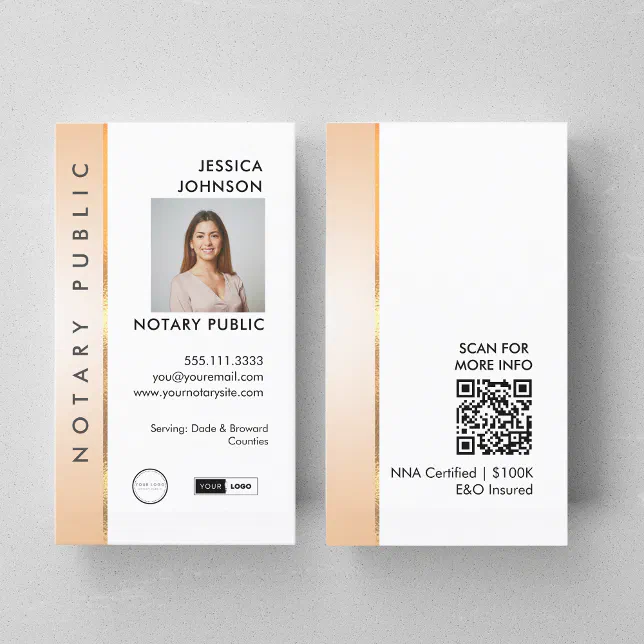 Professional Classy Peach & Gold Photo Notary QR Business Card | Zazzle