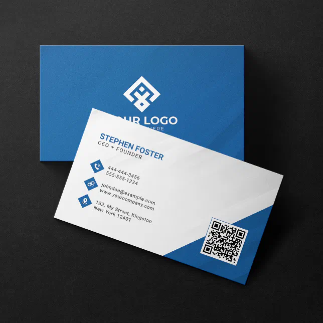 Professional Corporate Blue White QR Code Add Logo Business Card | Zazzle