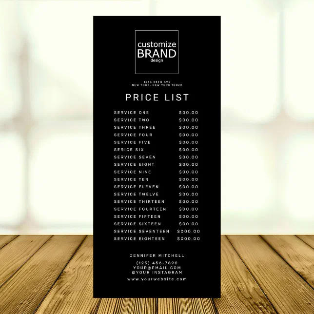 Professional Custom Logo Black Price Service List Rack Card | Zazzle
