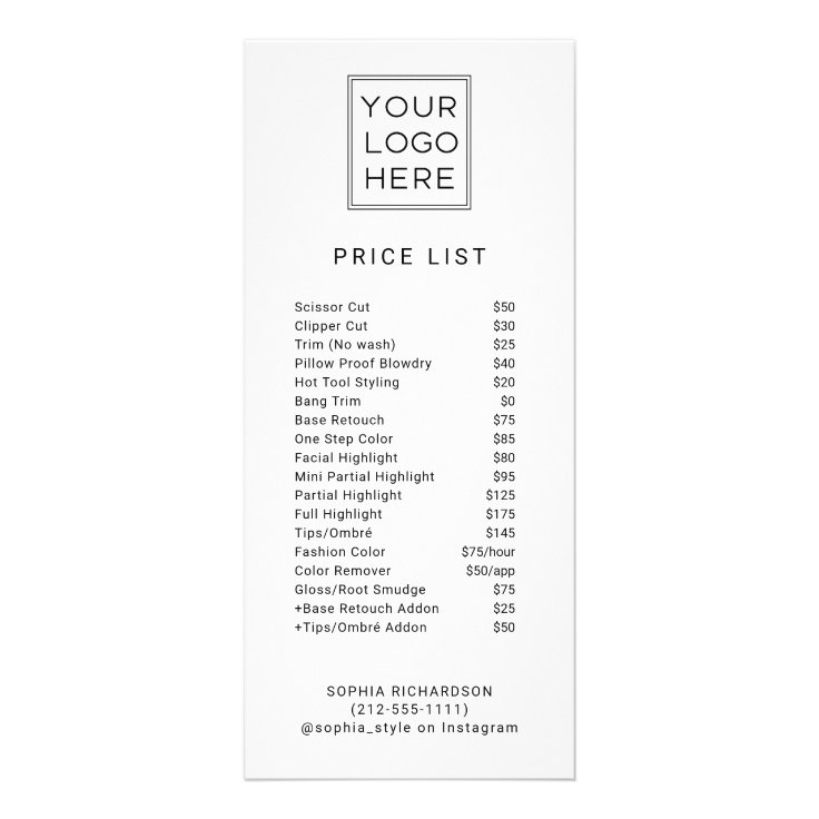 Professional Custom Logo | Price List Services Rack Card | Zazzle