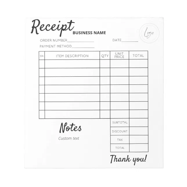 Professional Custom receipts for business Notepad | Zazzle