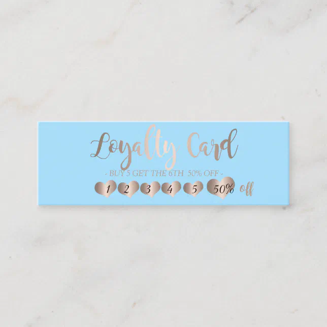 Professional Elegant Rose Gold Hearts Light Blue Loyalty Card | Zazzle