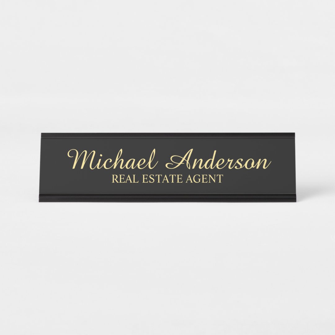 Professional Elegant Script Black and Gold Desk Name Plate | Zazzle