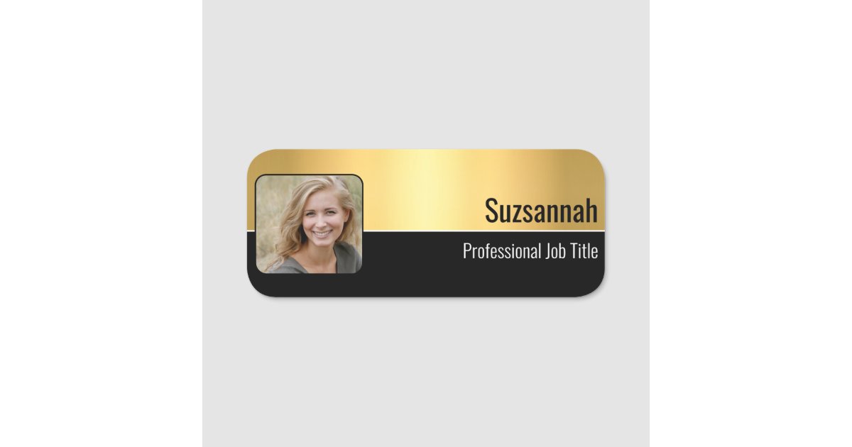 Professional Faux Gold Flare Custom Photo Name Tag | Zazzle