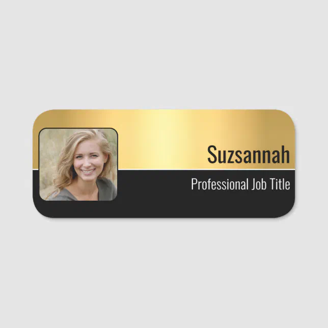 Professional Faux Gold Flare Custom Photo Name Tag | Zazzle
