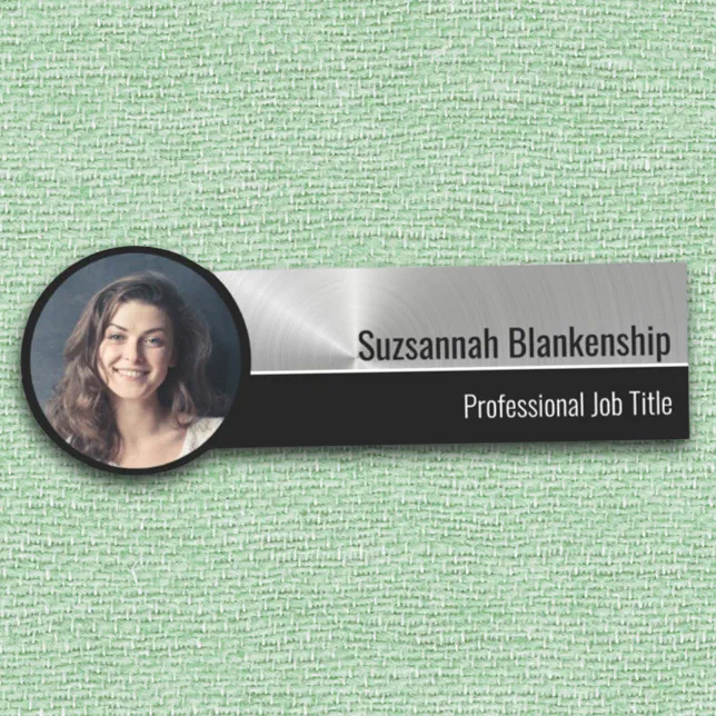 Professional Faux Metallic Silver Custom Photo Name Tag | Zazzle