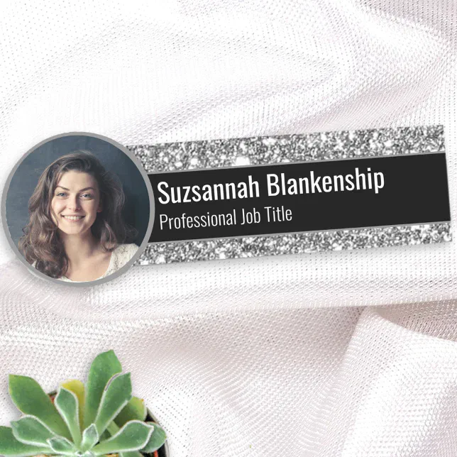 Professional Faux Silver Glitter Custom Photo Name Tag | Zazzle