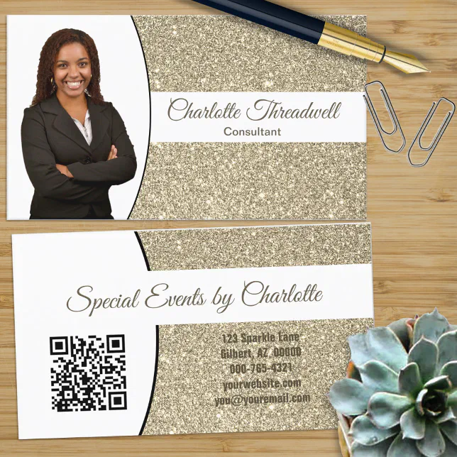 Professional Gold Glitter Custom Photo QR Code Business Card | Zazzle