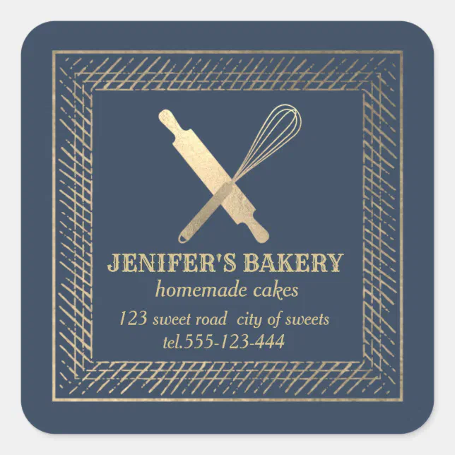 Professional gold rolling pin whisk chef bakery square sticker | Zazzle