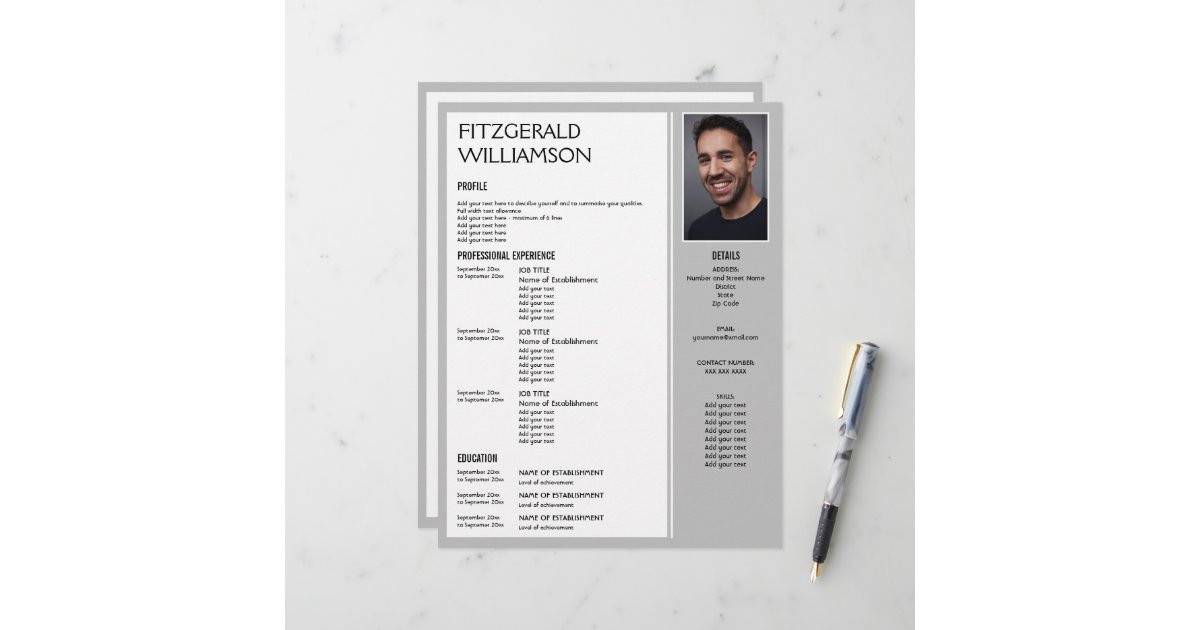 Professional Gray Custom Photo RESUME Letterhead | Zazzle