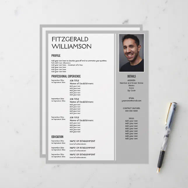 Professional Gray Custom Photo RESUME Letterhead | Zazzle