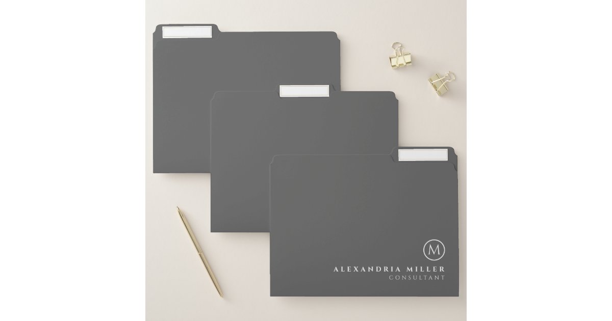 Professional Gray & White Monogram Name & Title File Folder | Zazzle