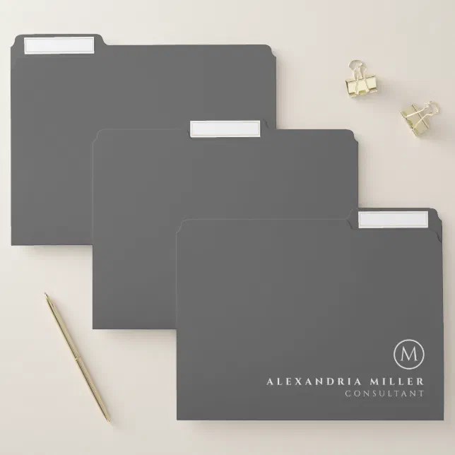 Professional Gray & White Monogram Name & Title File Folder | Zazzle
