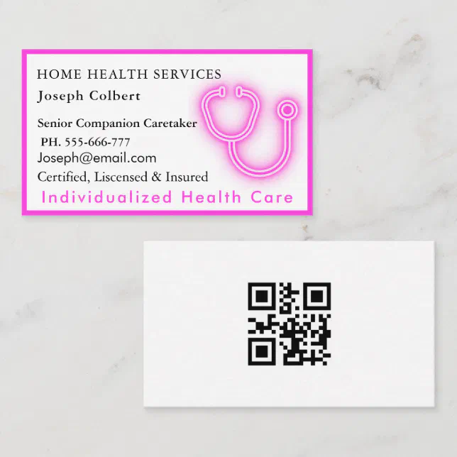 Professional Health Caregiver Medical QR Code pink Business Card | Zazzle