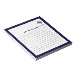 Professional Lined Navy White Monogram Notepad | Zazzle