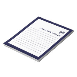 Professional Lined Navy White Monogram Notepad | Zazzle