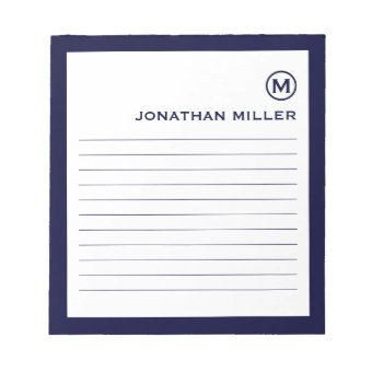 Professional Lined Navy White Monogram Notepad | Zazzle