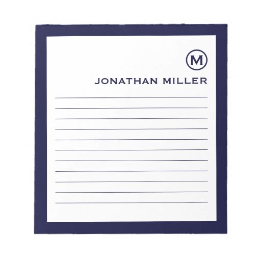 Professional Lined Navy White Monogram Notepad | Zazzle