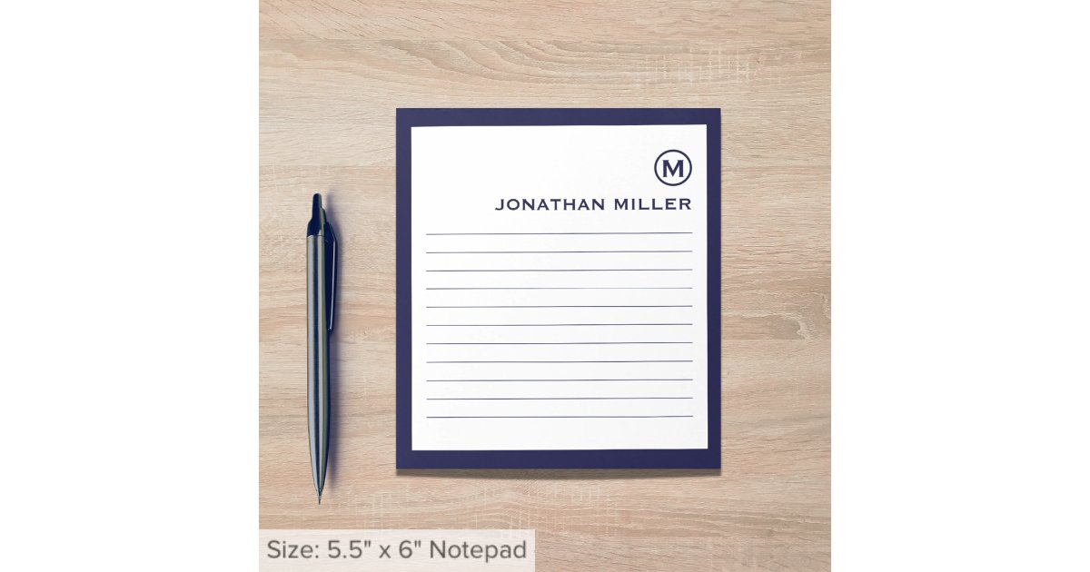 Professional Lined Navy White Monogram Notepad | Zazzle