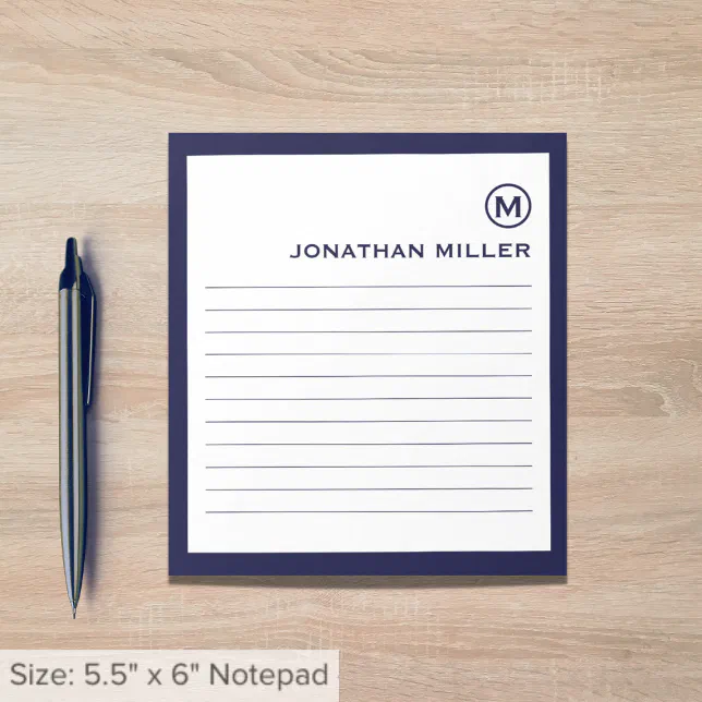 Professional Lined Navy White Monogram Notepad | Zazzle