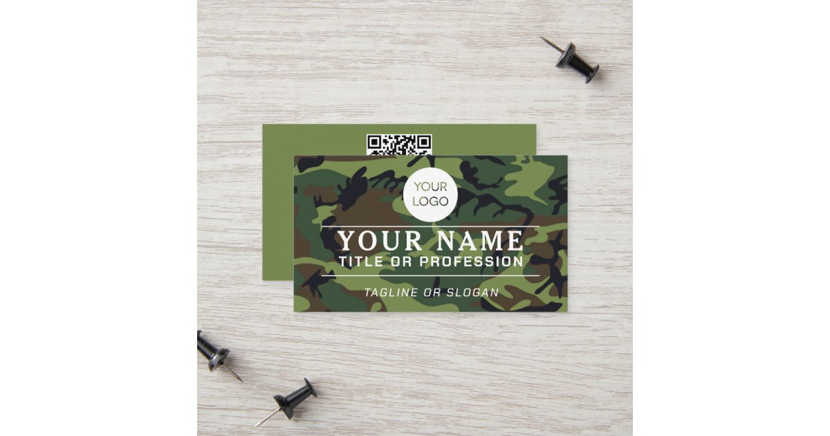 Professional Logo Name QR Code Military Green Camo Calling Card | Zazzle