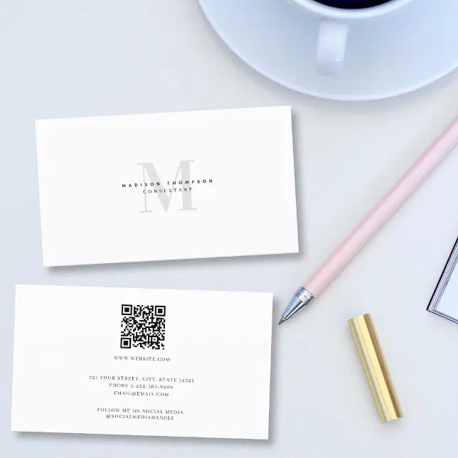 Professional Luxury Monogrammed Minimalist QR Code Business Card | Zazzle