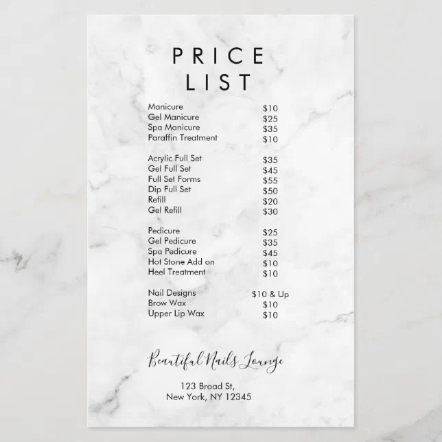 Professional Marble Nail Salon Price List Menu Flyer | Zazzle