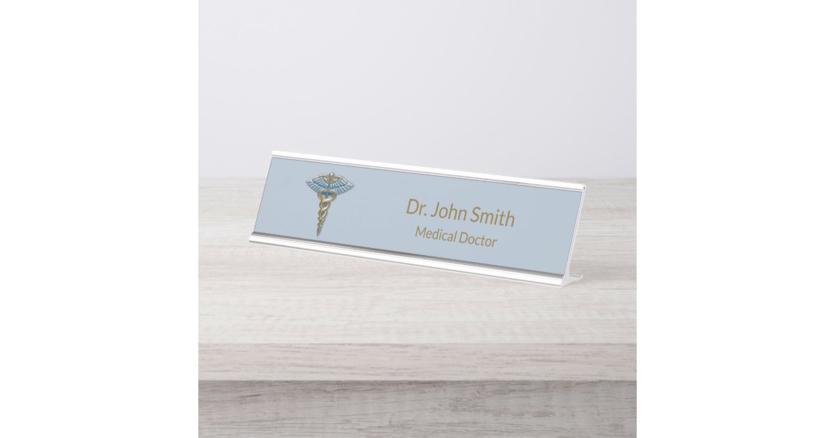Professional Medical Fine Light Blue Gold Caduceus Desk Name Plate | Zazzle