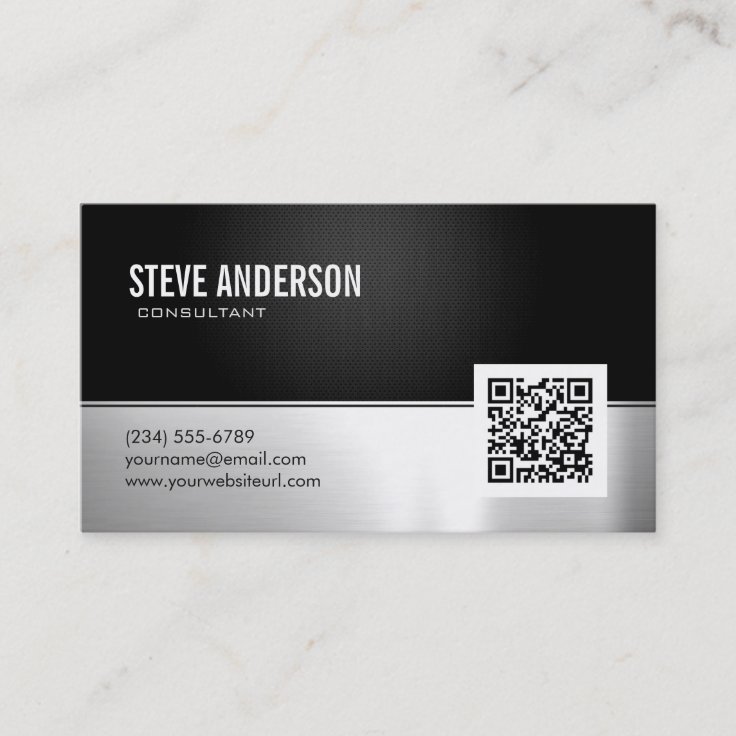 Professional Modern Black Silver Metallic QR Code Business Card | Zazzle