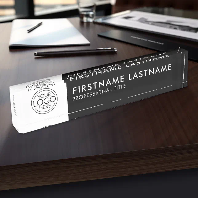 Professional, Modern Black White Logo, Name, Title Desk Name Plate | Zazzle
