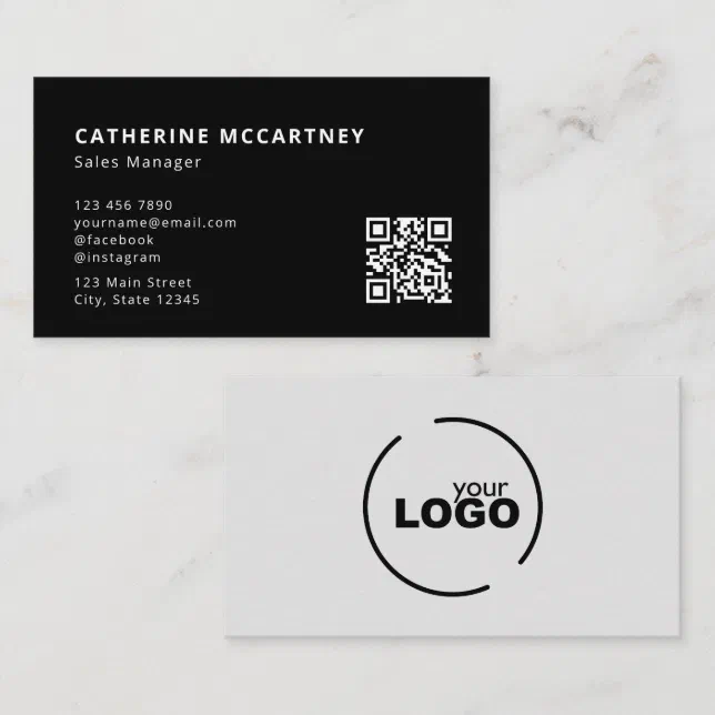 Professional Modern Logo QR Code Gray & Black Business Card | Zazzle