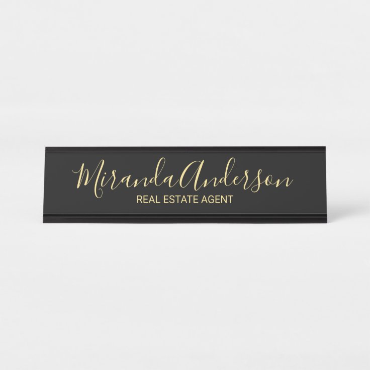 Professional Modern Script Black and Gold Desk Name Plate | Zazzle