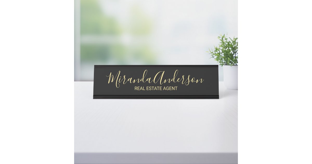 Professional Modern Script Black and Gold Desk Name Plate | Zazzle