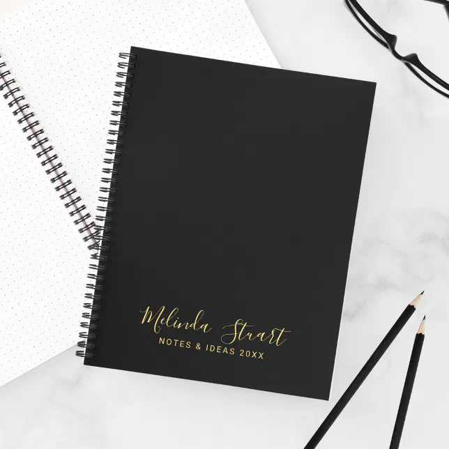 Professional Modern Script Black and Gold Notebook | Zazzle