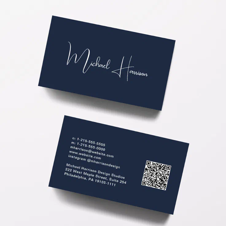 Professional Modern Script QR Code Blue Business Card | Zazzle